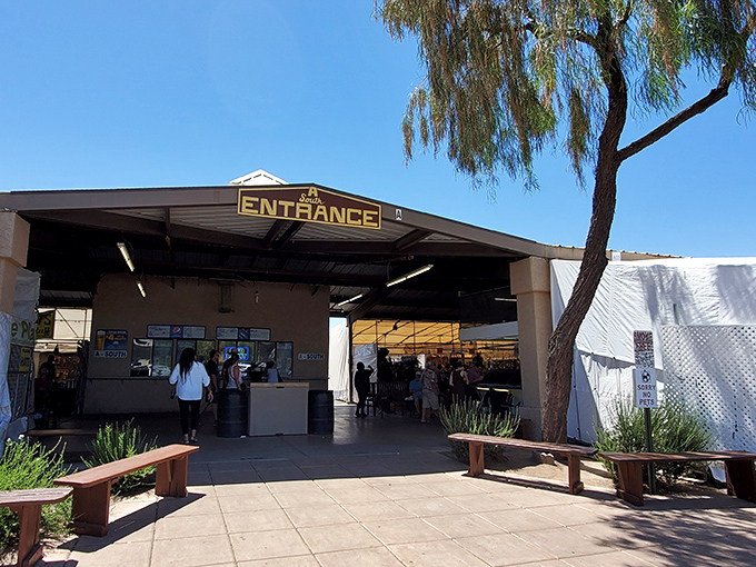 The entrance to Mesa Market Place beckons like a portal to treasure-hunting paradise. Those wooden benches outside? Perfect for counting your newfound loot!