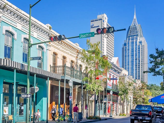 Mobile's historic downtown charms with colorful buildings and the iconic RSA Tower piercing the skyline like Alabama's answer to the Empire State Building.