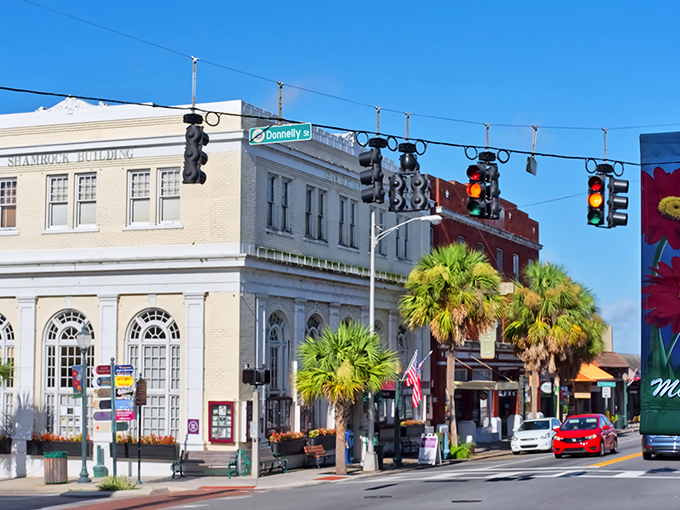 Mount Dora's historic Shamrock Building stands proudly at the corner, like a Southern belle dressed in her Sunday best.