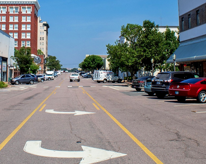 Downtown Muskogee's wide streets and classic brick buildings - where small-town charm meets big-time affordability.
