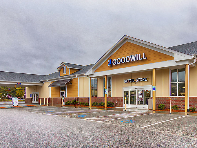 The welcoming facade of Palmetto Goodwill beckons like a yellow brick road to bargain paradise. Treasure hunters, your quest begins here!