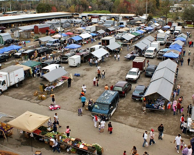 Aerial treasure hunt! The Plant City Market spreads out like a bargain hunter's board game where every roll of the dice leads to discovery.