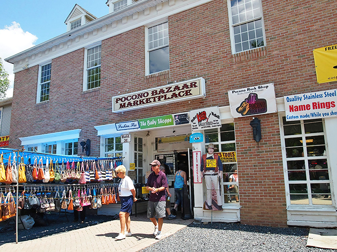 The brick facade of Pocono Bazaar hides a wonderland of treasures. Like a retail speakeasy where handbags hang like exotic fruit.