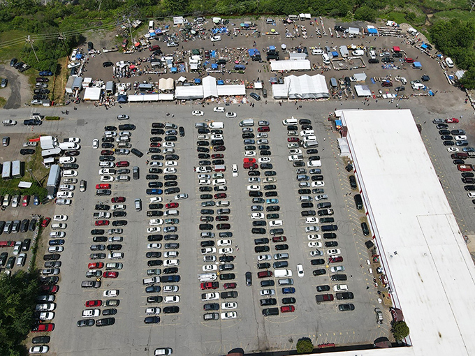 Aerial treasure hunt! The Salem Flea Market stretches out like a small city of bargain hunters and hidden gems.