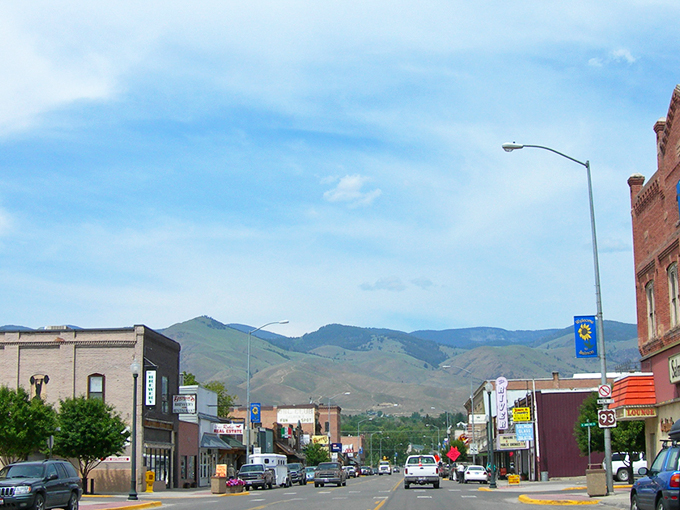 Salmon's main street stretches toward mountain vistas, where adventure awaits just beyond the historic storefronts.