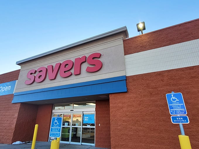 The bright red Savers sign promises a treasure trove within. Like a department store where everything comes with a story!