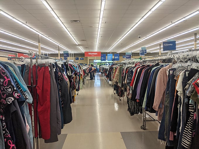 Endless racks of possibility! Savers' women's section stretches out like a fashion runway for treasure hunters.