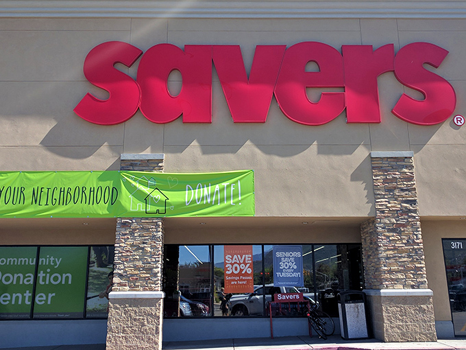 The iconic red Savers sign beckons treasure hunters like a lighthouse for the bargain-obsessed. Prepare for an adventure!