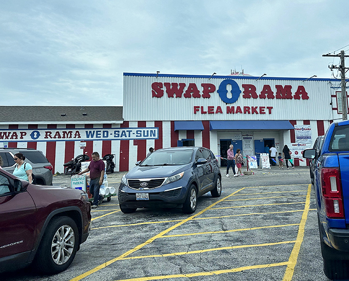 The red and white striped exterior of Swap-O-Rama looks like a circus tent for treasure hunters ready to join the bargain parade!