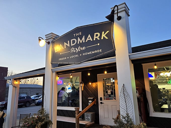 The Landmark Bistro's charming storefront promises culinary adventures hiding behind those welcoming doors.