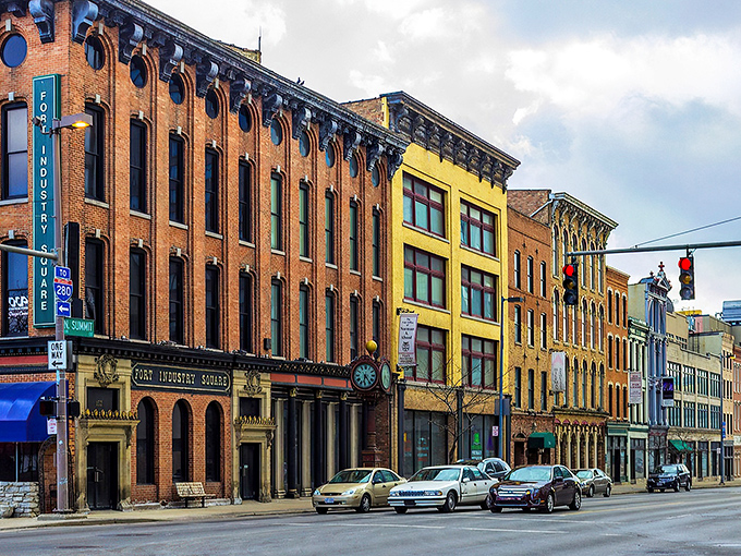Historic brick buildings line Toledo's downtown streets like a living museum of architectural treasures. The bright yellow standout adds a splash of sunshine to the urban landscape.
