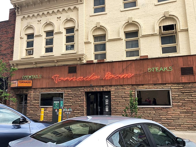 The iconic neon glow of Tornado Room beckons like a siren song for steak lovers. Madison's worst-kept secret for carnivores!