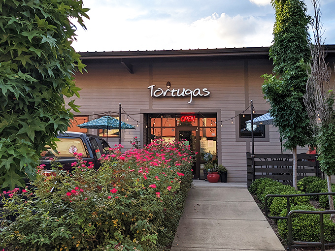 Tortugas Pizza's entrance blooms with vibrant flowers, promising a warm welcome before you even taste their legendary Chicago-style pies.