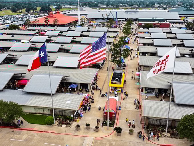 Aerial view of Traders Village Houston, where shopping stalls stretch to the horizon like a bargain hunter's promised land.