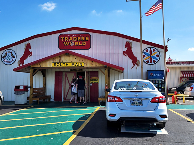 The red barn entrance of Traders World beckons like a siren song to bargain hunters everywhere.