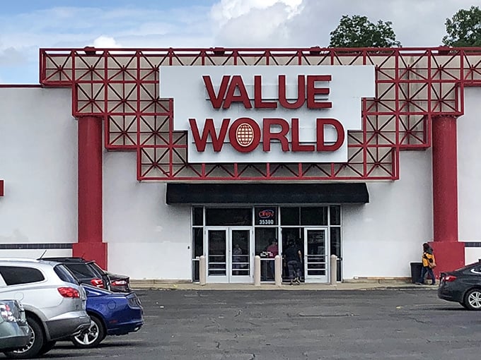 Value World's iconic red entrance beckons like a treasure chest waiting to be opened. Bargain hunters, prepare your carts!