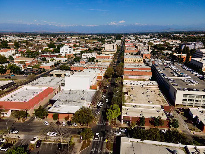 Downtown Visalia stretches toward the mountains, where affordable living meets small-town charm in California's heartland.
