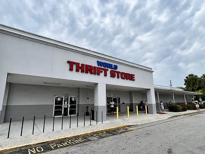 The white facade of World Thrift beckons like a portal to bargain heaven. Treasure hunters, prepare your carts!