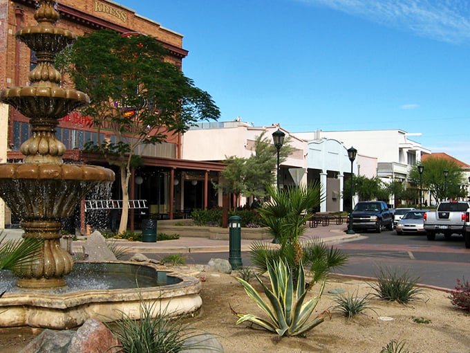 Fountain dreams in downtown Yuma! The historic buildings and desert landscaping create a perfect oasis for budget-conscious retirees.