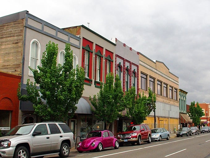 A splash of color brightens Albany's vintage storefronts - that pink VW Beetle adds just the right touch of whimsy to Main Street!