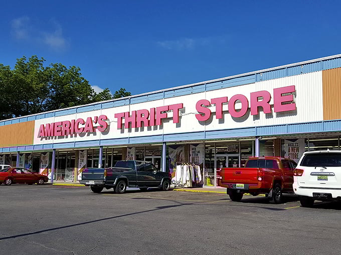 America's Thrift Store stretches wide under clear blue skies, promising a day of discoveries that'll make your wallet sing with joy.