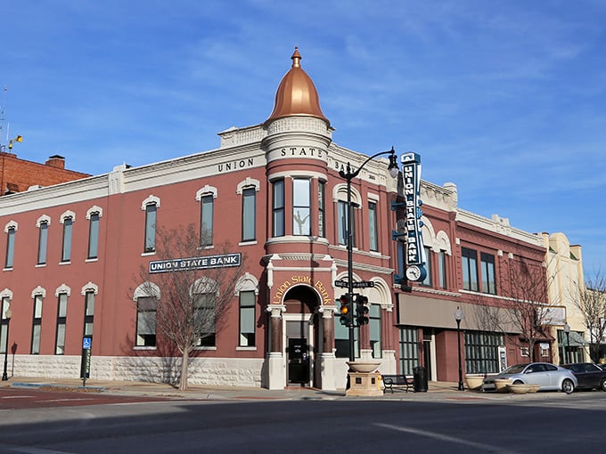 That copper dome isn't just for show! The Union State Bank building anchors Arkansas City's downtown with architectural flair rarely seen in small towns.