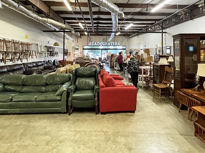 Furniture heaven awaits! From green leather couches to wooden cabinets, Blues City's spacious layout makes second-hand shopping feel like a luxury experience.