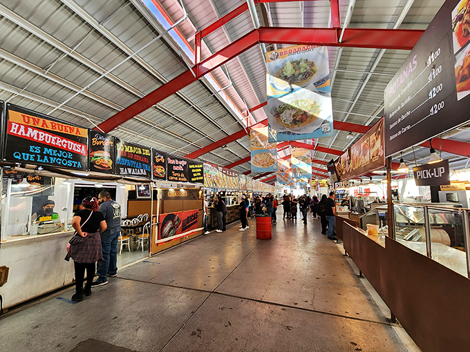 Food heaven! The indoor market hall buzzes with hungry shoppers sampling authentic Mexican delights between treasure hunts.