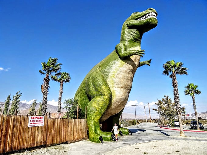 The mighty T-Rex of Cabazon guards the desert highway, jaws open wide as if ready for prehistoric snack time.