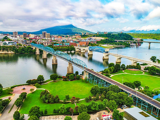Lookout Mountain creates a stunning backdrop for Chattanooga's revitalized downtown, where affordability meets scenic beauty.