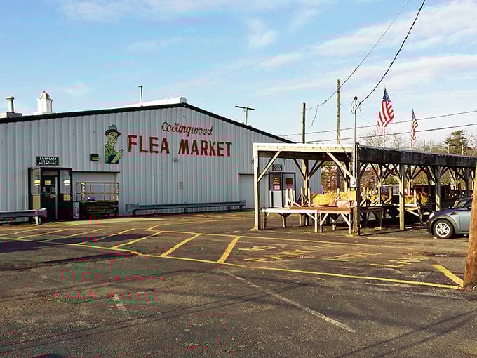 American flags flutter beside Collingwood's entrance, welcoming weekend warriors to this temple of trinkets and treasures.