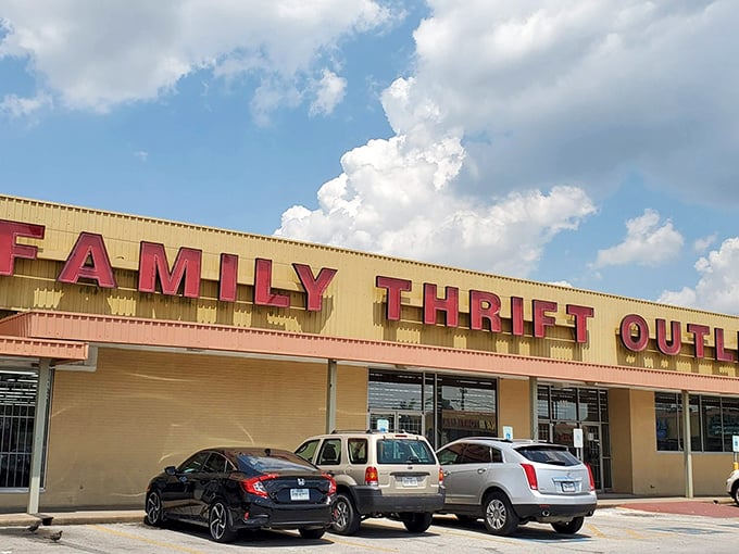 The red letters of Family Thrift Center promise a treasure hunt where yesterday's castoffs become tomorrow's conversation pieces.
