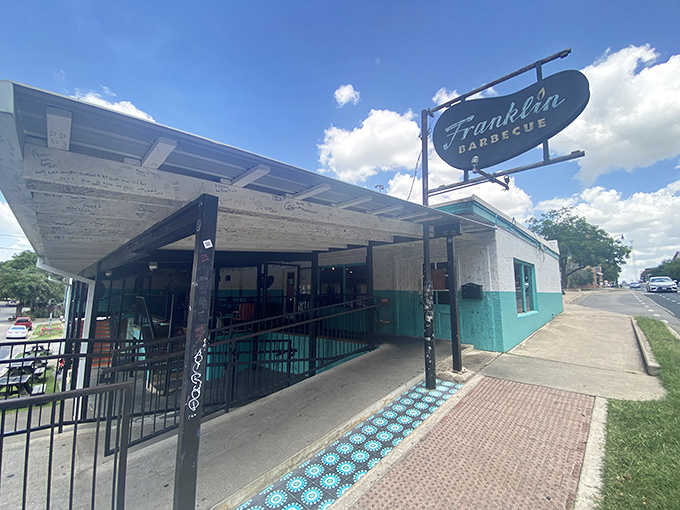 The pilgrimage spot that launched a thousand road trips. Franklin's patio awaits the faithful under Texas skies.