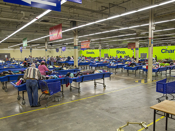 Blue bins as far as the eye can see! Goodwill's sorting system turns chaos into a treasure hunter's paradise.