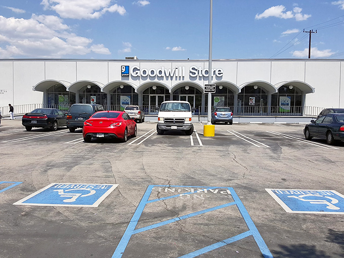 Blue skies and bargains await at this Goodwill. The arched entryway practically beckons you to come find your next conversation piece.
