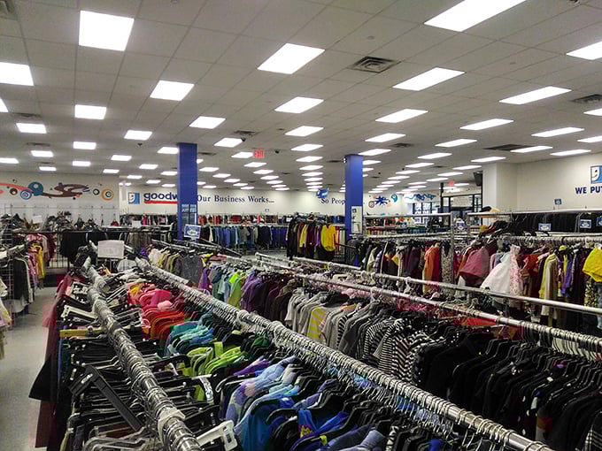 Inside Goodwill's clothing labyrinth &ndash; where finding that perfect jacket feels like winning a sartorial lottery without buying a ticket.