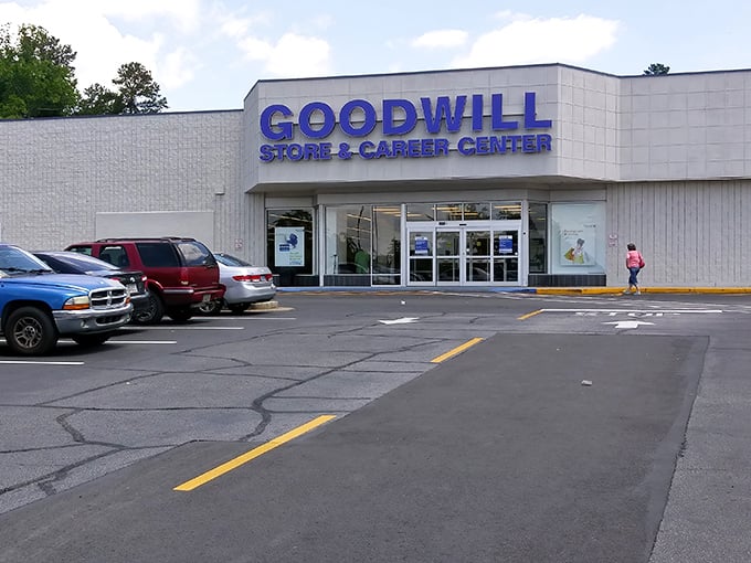 Blue skies, blue sign, blue-ribbon deals inside. Goodwill's massive storefront is like a department store where everything has a story.
