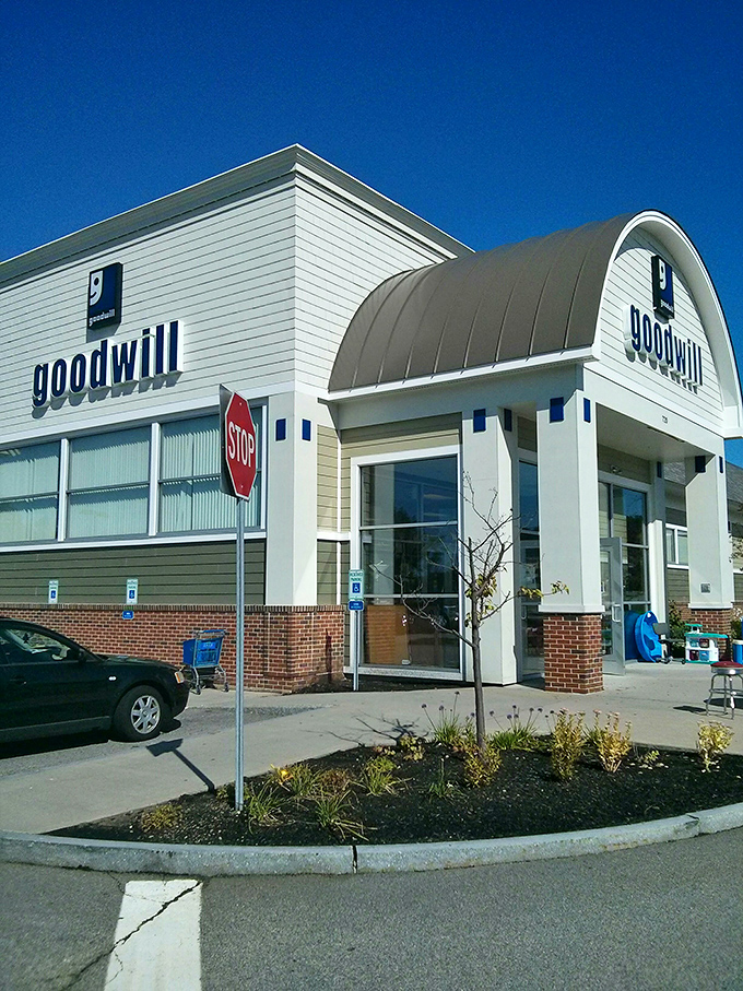 Bright blue skies frame this Goodwill wonderland, where yesterday's castoffs become tomorrow's treasures in a never-ending cycle.