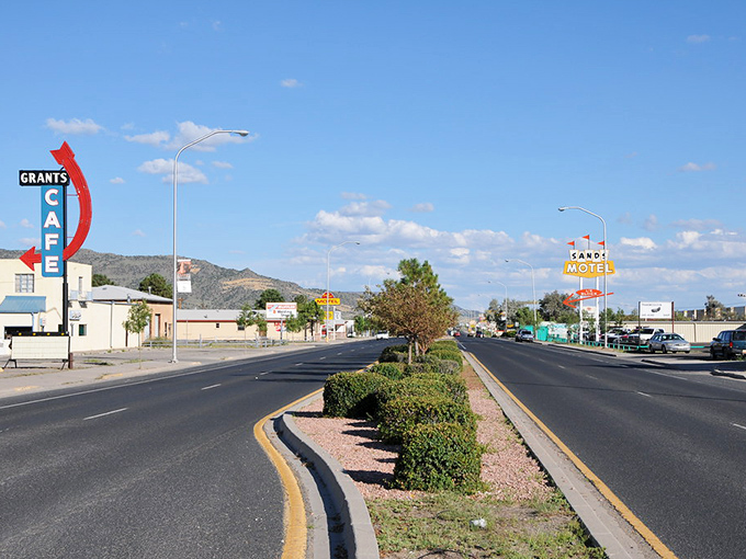 Small town, big sky country. Grants' wide-open main street showcases classic Americana with vintage signs and the beautiful backdrop of New Mexico's endless blue horizon.