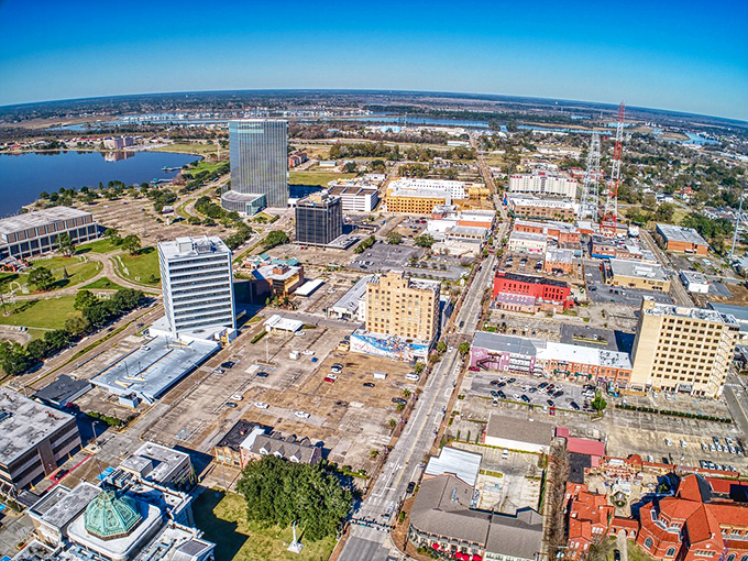 Lake Charles from above &ndash; where waterways meet cityscape in a perfect Louisiana blend of nature and urban charm.
