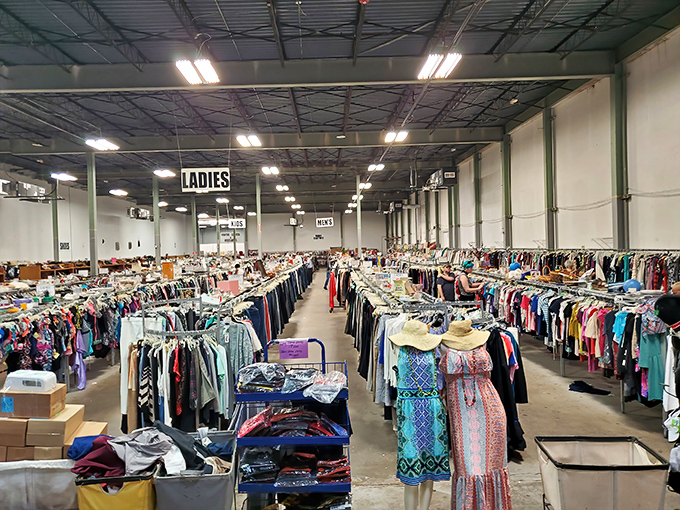 Endless racks of possibility! Last Chance's clothing section stretches further than my willpower at a dessert buffet.