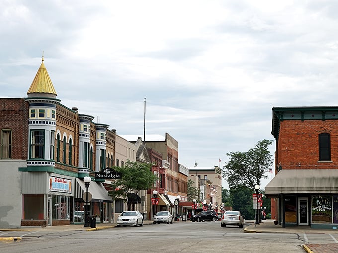 Macomb's golden-topped building watches over Main Street like a friendly sentinel, preserving the town's affordable character.