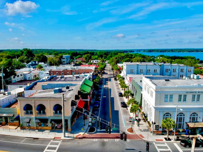 This aerial view reveals Mount Dora's perfect small-town layout where everything's within a pleasant stroll.