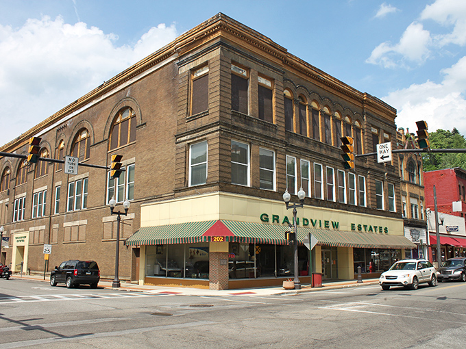 The Grandview Estates building anchors a corner of Oil City's business district. This well-preserved structure represents the affordable architectural gems found throughout this budget-friendly town.
