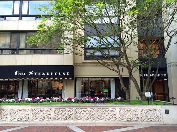 The flowers add a splash of color to this sophisticated steakhouse. Like finding a tuxedo with a playful pocket square!