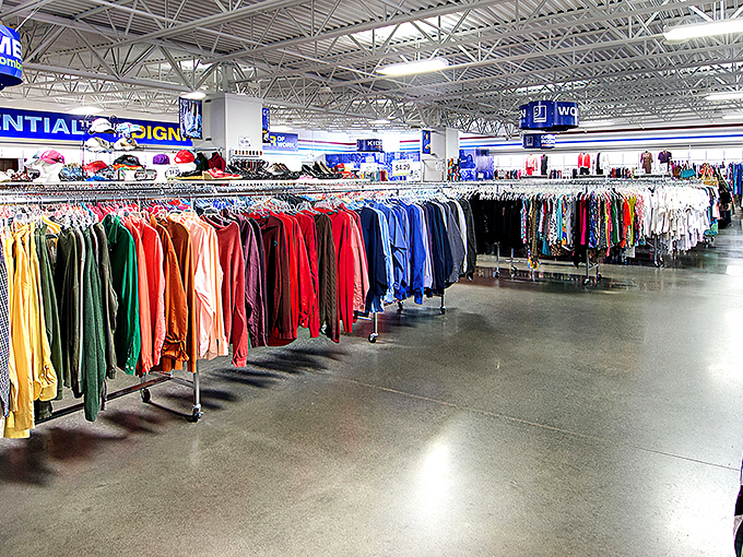 Rainbow racks of possibility! Inside Goodwill, every color-coded aisle promises the thrill of discovering that perfect something.