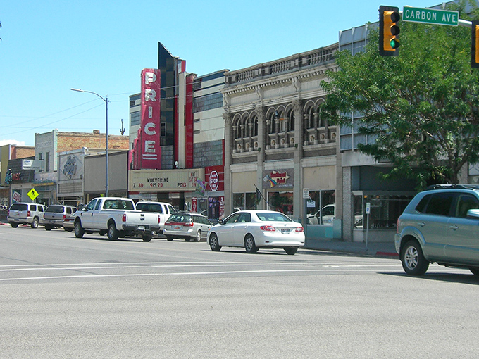 The Price Theatre's vintage marquee lights up Main Street, a nostalgic reminder of simpler times in this affordable eastern Utah gem.