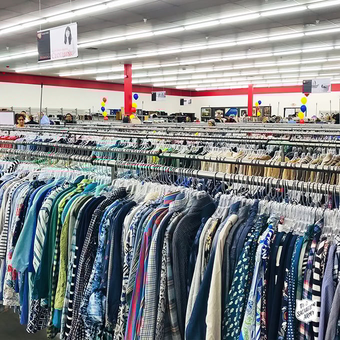 The men's section at Salvation Army is meticulously organized, making it easy to spot that perfect blazer hiding in plain sight.