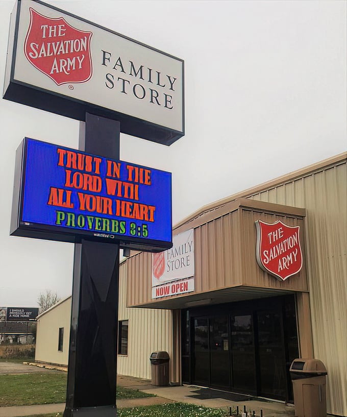 That digital sign isn't just sharing Bible verses&mdash;it's signaling to thrift enthusiasts that paradise awaits inside those unassuming doors.