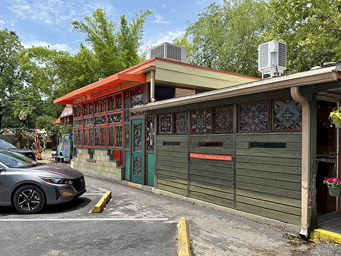 The outdoor seating at Satchel's feels like dining in a creative fever dream&mdash;deliciously unconventional, just like their crusts.